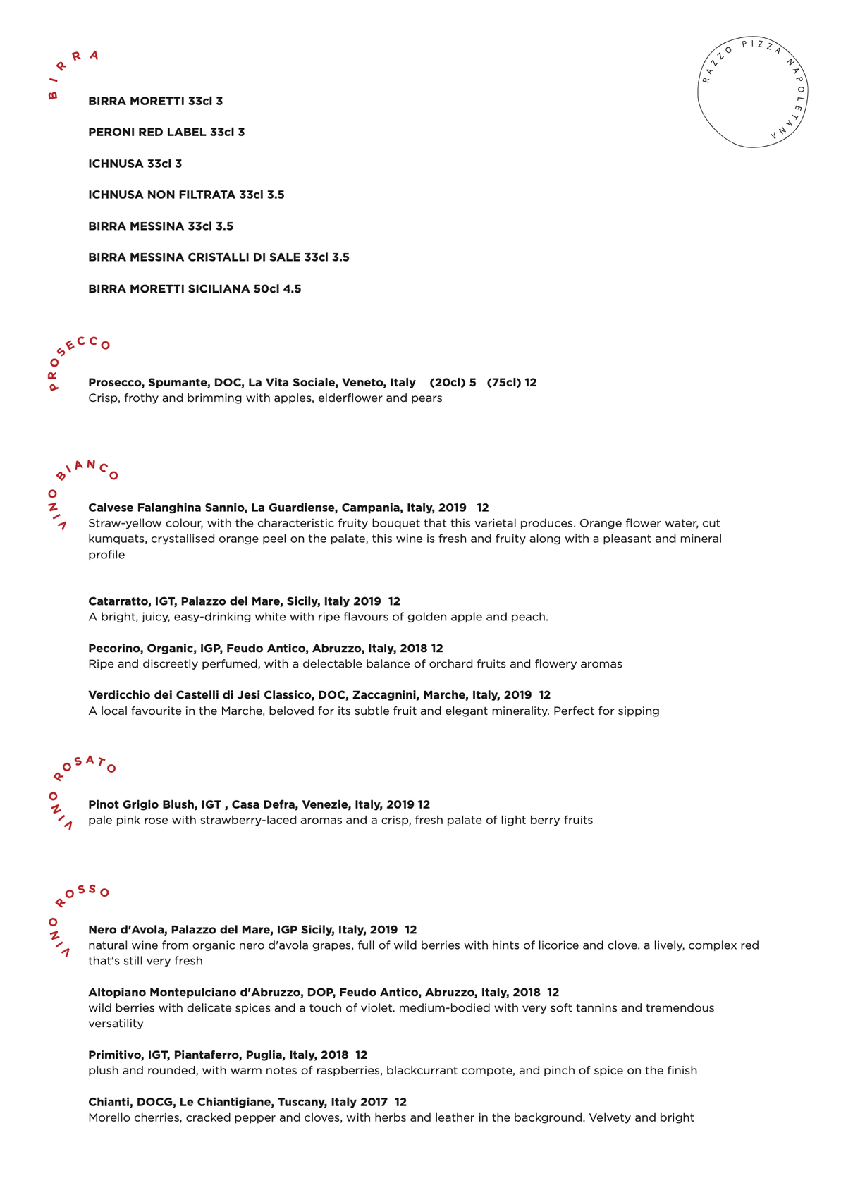 RAZZO PIZZA — menu