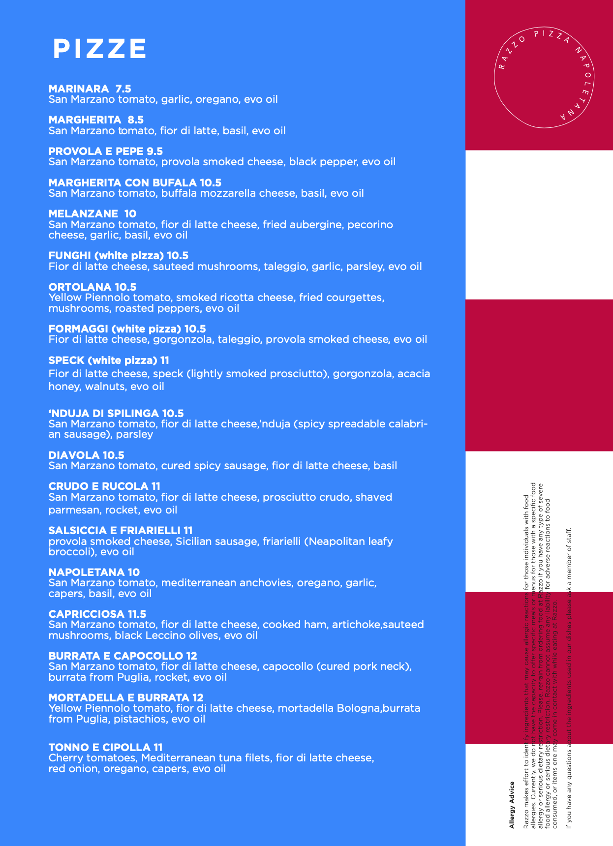 RAZZO PIZZA — menu